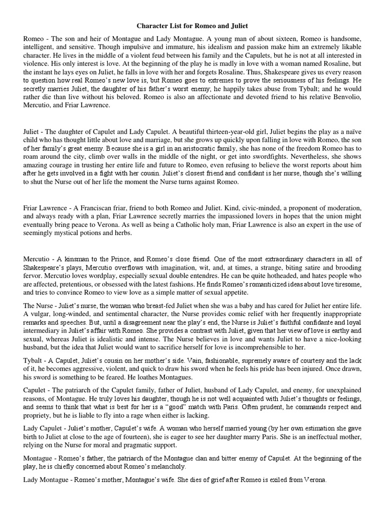 Character List For Romeo and Juliet | PDF | Characters In Romeo And ...
