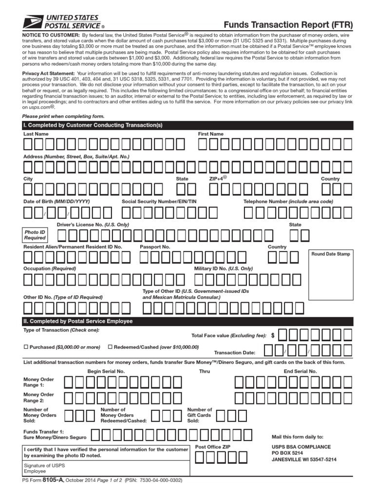 Funds Transaction Report (FTR) : I. Completed by Customer Conducting ...