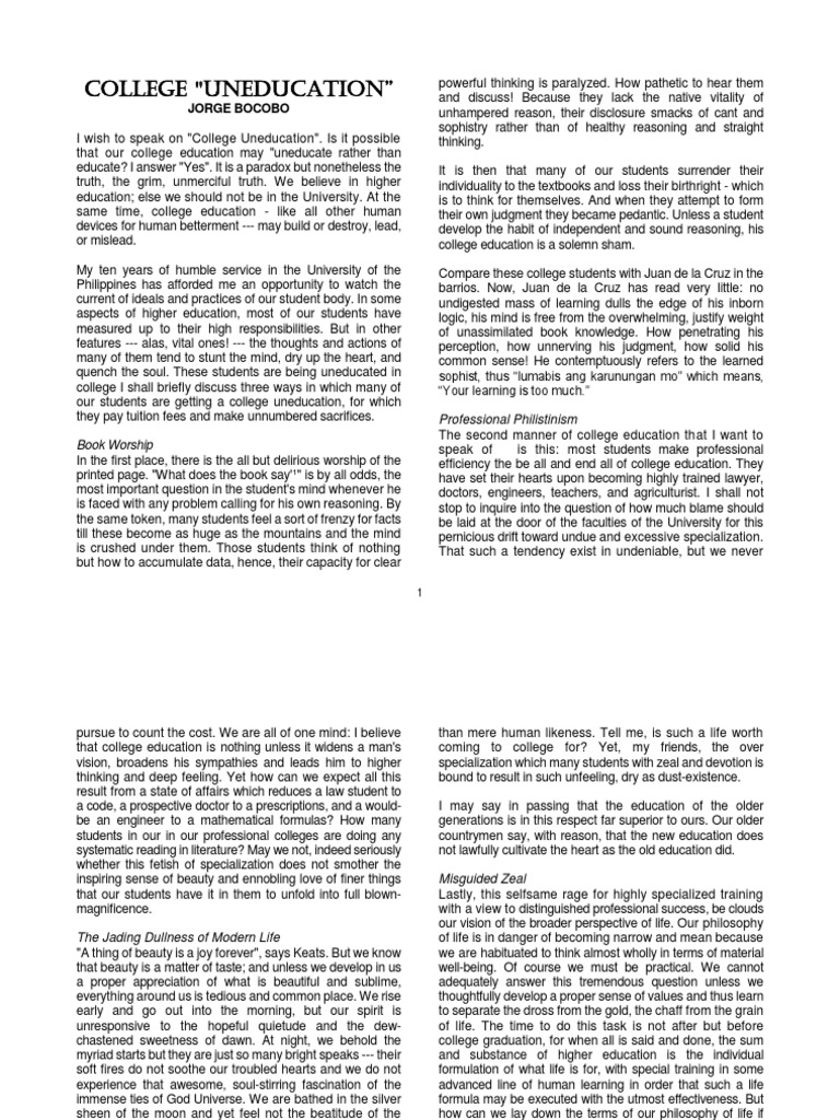 College "Uneducation": Jorge Bocobo | PDF | Reason | Mind