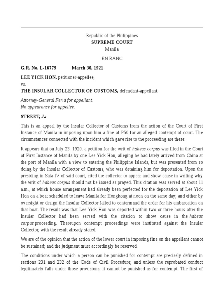 Lee Yick Hon v. Insular Collector of Customs, 41 Phil. 548, 30 March 21 ...