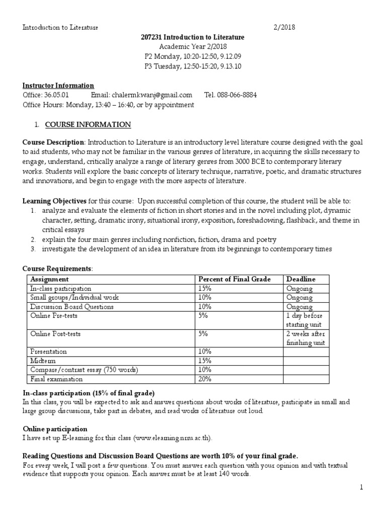 Introduction To Literature Syllabus | PDF | Essays | Academic Dishonesty
