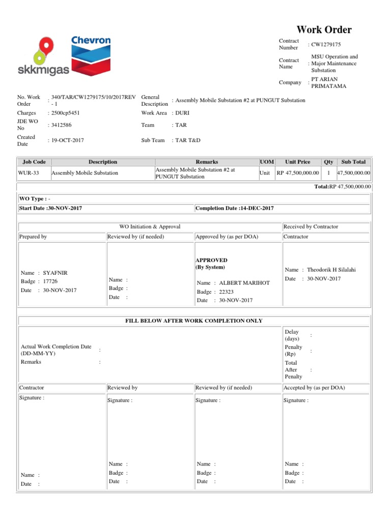 Work Order: Job Code Description Remarks UOM Unit Price Qty Sub Total | PDF