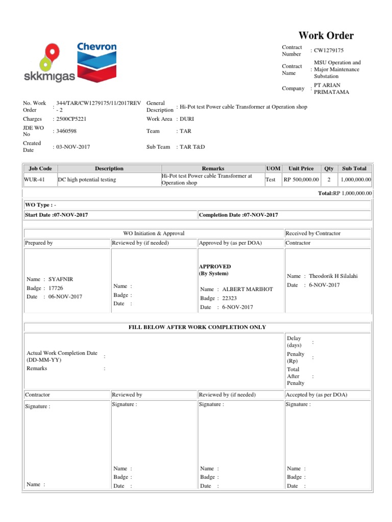 Work Order: Job Code Description Remarks UOM Unit Price Qty Sub Total ...