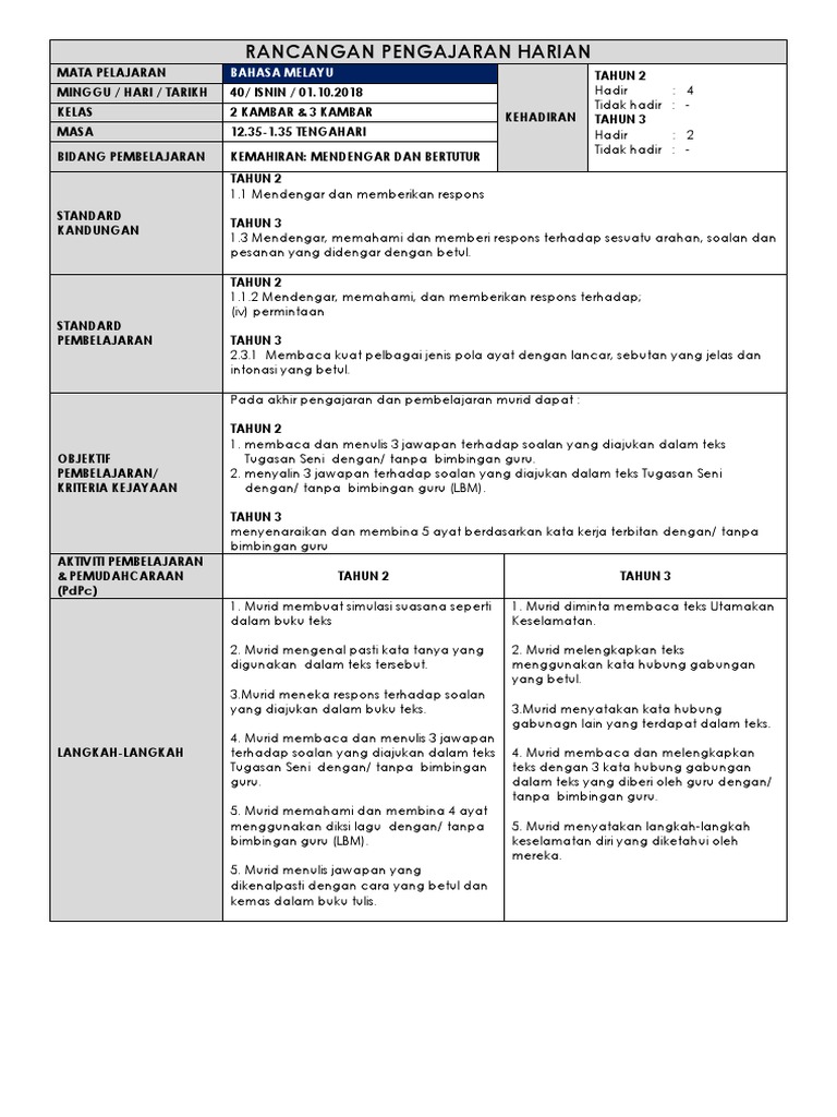 Contoh RPH Bahasa Melayu Kelas Gabungan | PDF