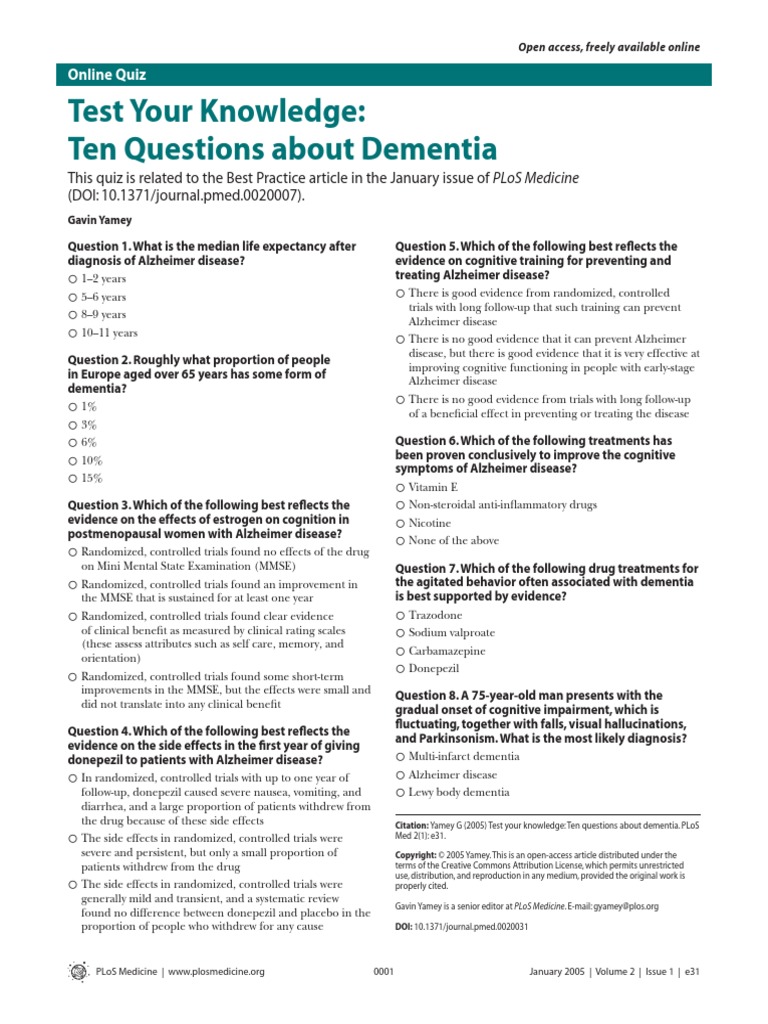 Test Your Knowledge: Ten Questions About Dementia | PDF | Dementia ...
