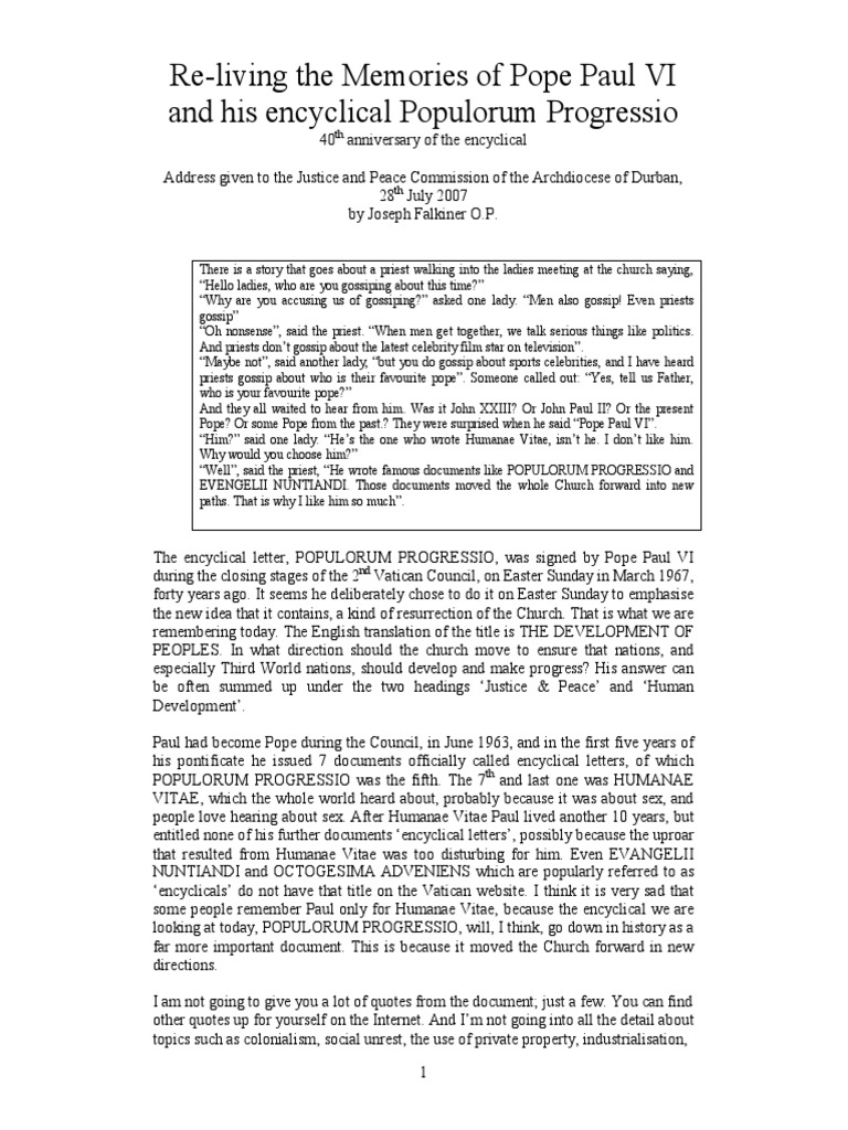 Re-Living The Memories of Pope Paul VI and His Encyclical Populorum Progressio 40th Anniversary ...