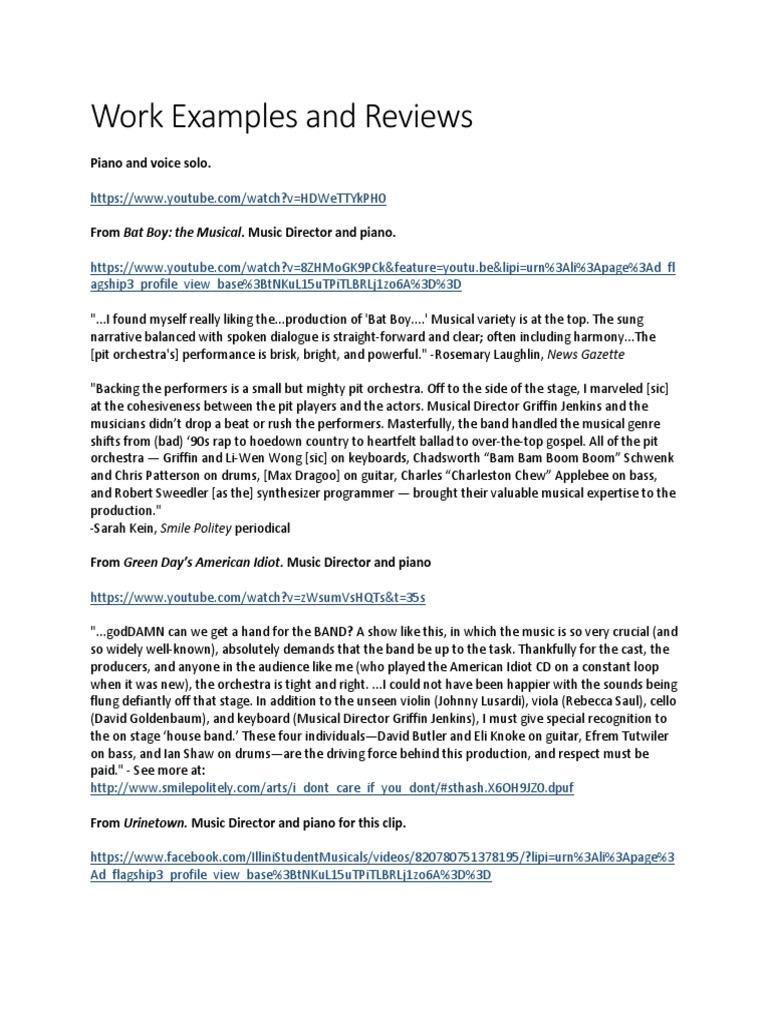 Work Examples and Reviews | PDF | Orchestras | Entertainment