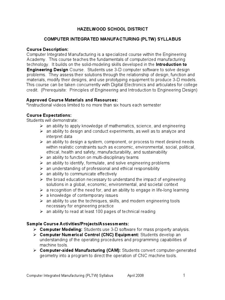 Computer Integrated Manufacturing (PLTW) Syllabus | PDF | Engineering ...