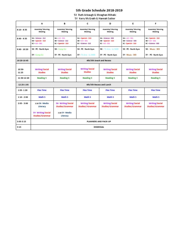 5th Grade Schedule 2018-19 | PDF | Foreign Language Studies