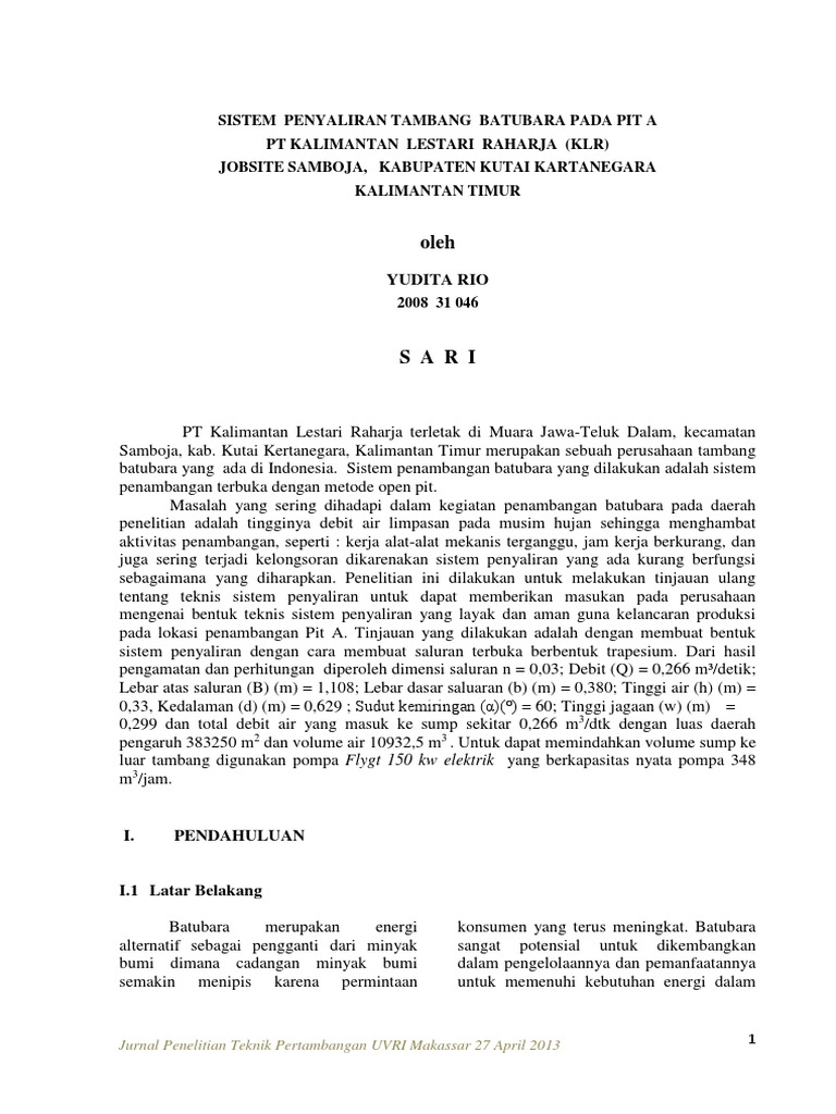 Sistem Penyaliran Tambang Batubara Pada Pit A | PDF | Hukum | Sains ...