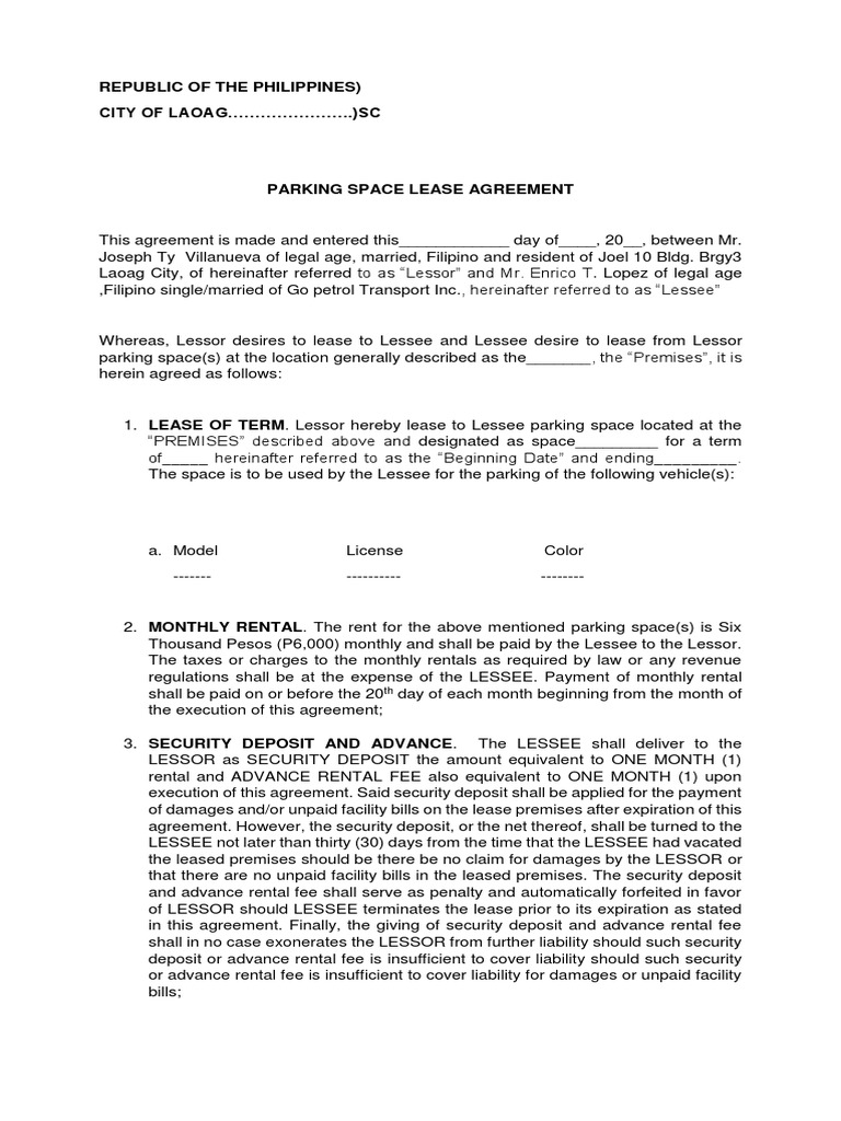 Parking Space Lease Agreement | PDF | Lease | Renting
