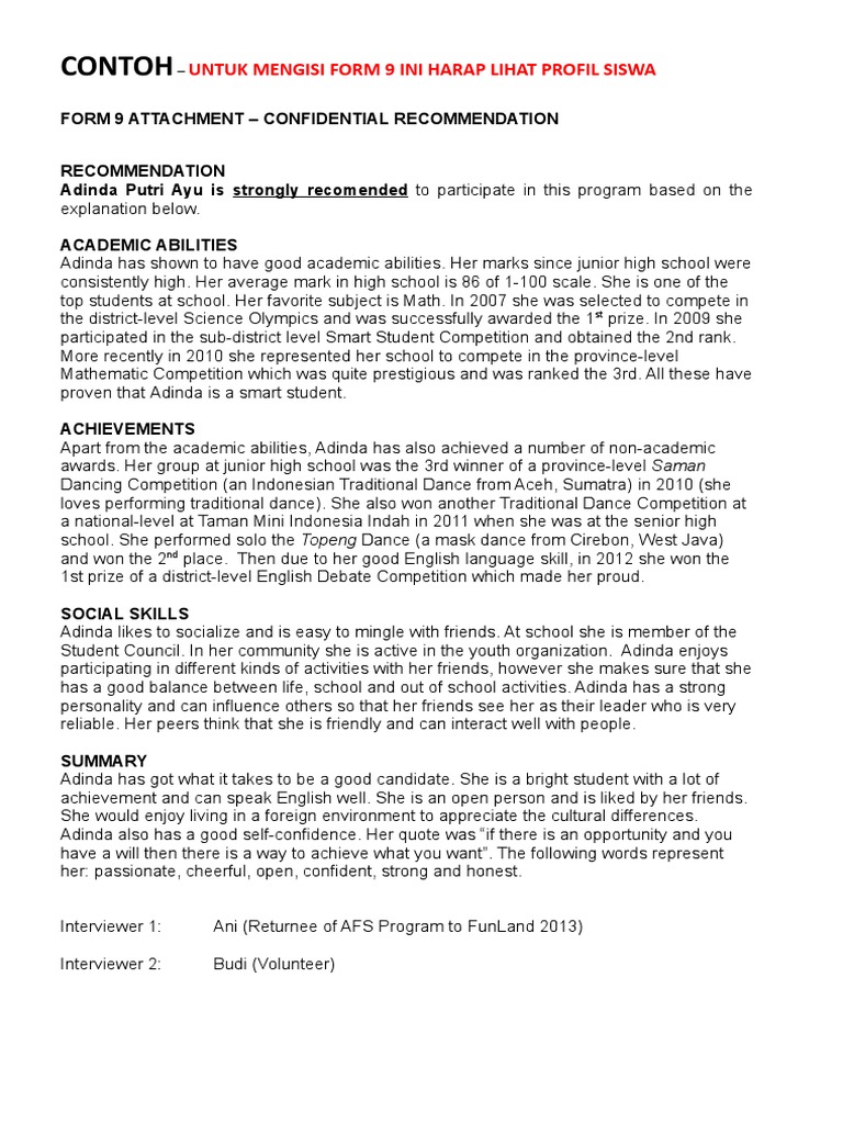 Form 9 Attachment - Recommendation Letter CONTOH | PDF | Behavior ...