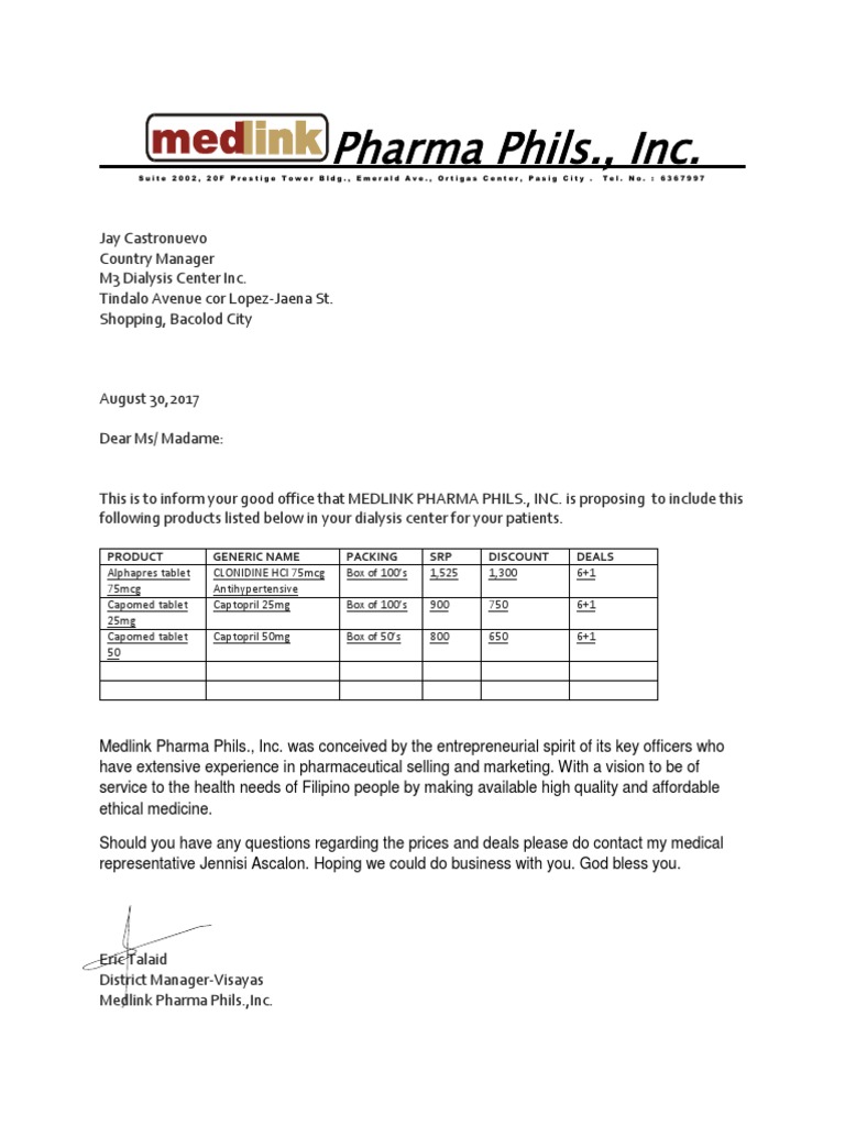 Medlink Proposal Letter To m3 Dialysis | PDF