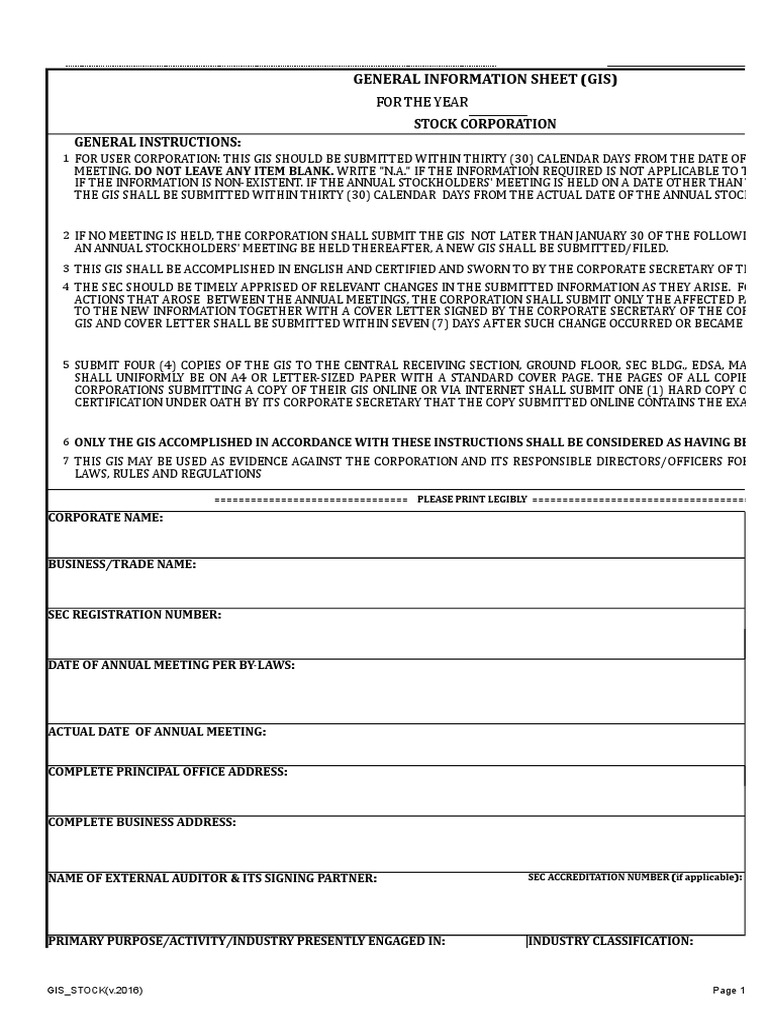 Stock Corporation General Instructions:: General Information Sheet (Gis ...