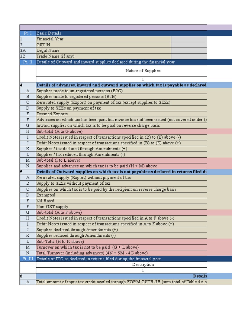 GSTR 9 - Template | PDF | Debits And Credits | Taxes