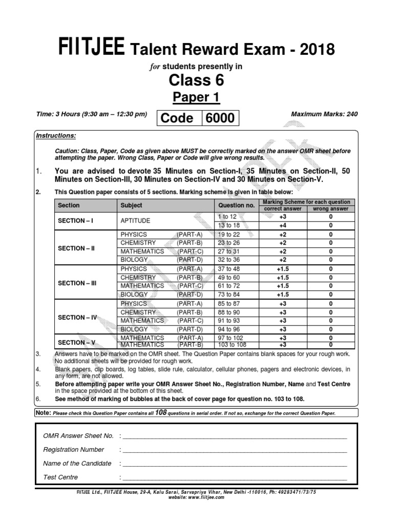 FIITJEE Class 6 Admission Test Paper | PDF | Nature