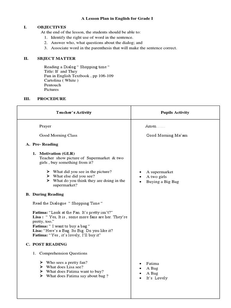 A Lesson Plan in English For Grade I | PDF | Lesson Plan | Communication