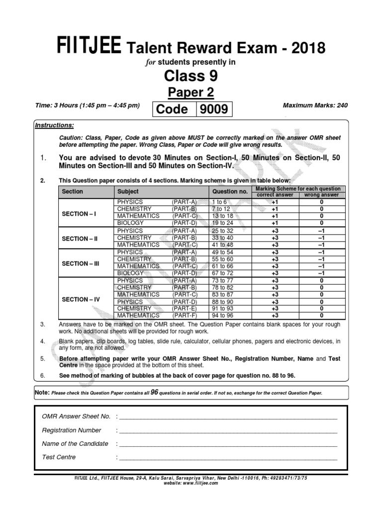 FIITJEE Sample Papers Class IX Paper 2 PDF | PDF | Acceleration | Weight