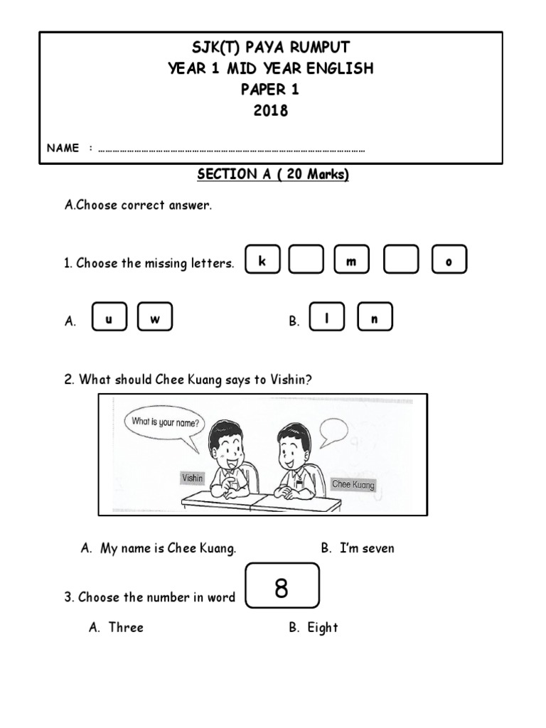 English Year 1 Mid Term Paper 1 | PDF