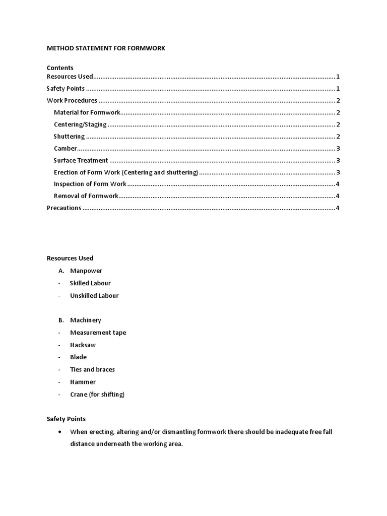 Method Statement For Formwork | PDF | Beam (Structure) | Building Materials