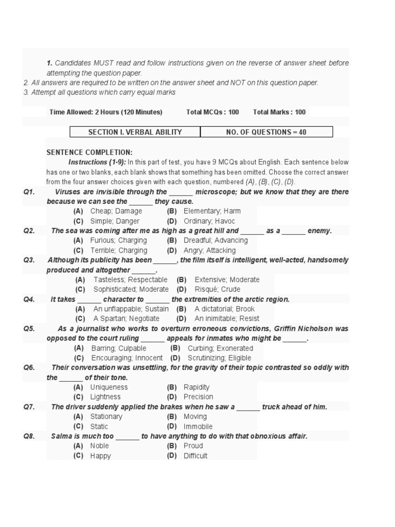 Time Allowed: 2 Hours (120 Minutes) Total MCQS: 100 Total Marks: 100 ...