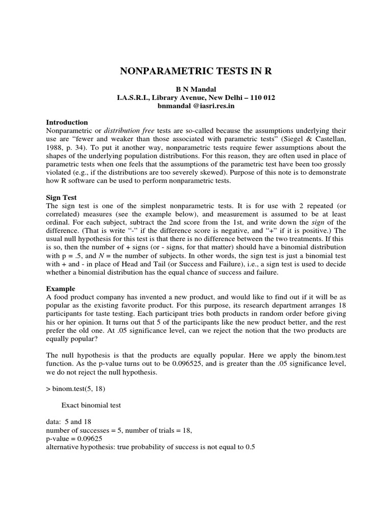 Nonparametric Tests in R | PDF | P Value | Statistical Hypothesis Testing