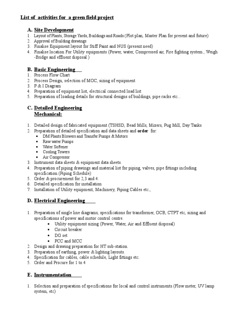 List of Activities For A Green Field Project A. Site Development | PDF ...