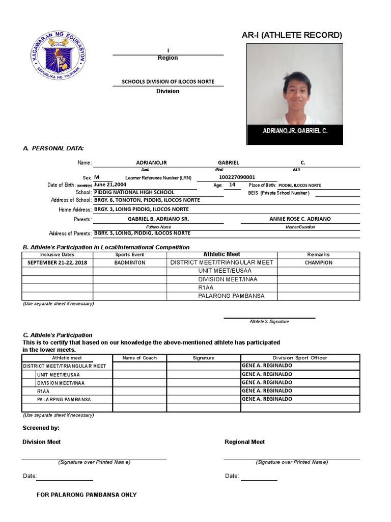Ar-I (Athlete Record) : A. Personal Data | Download Free PDF | Sports ...