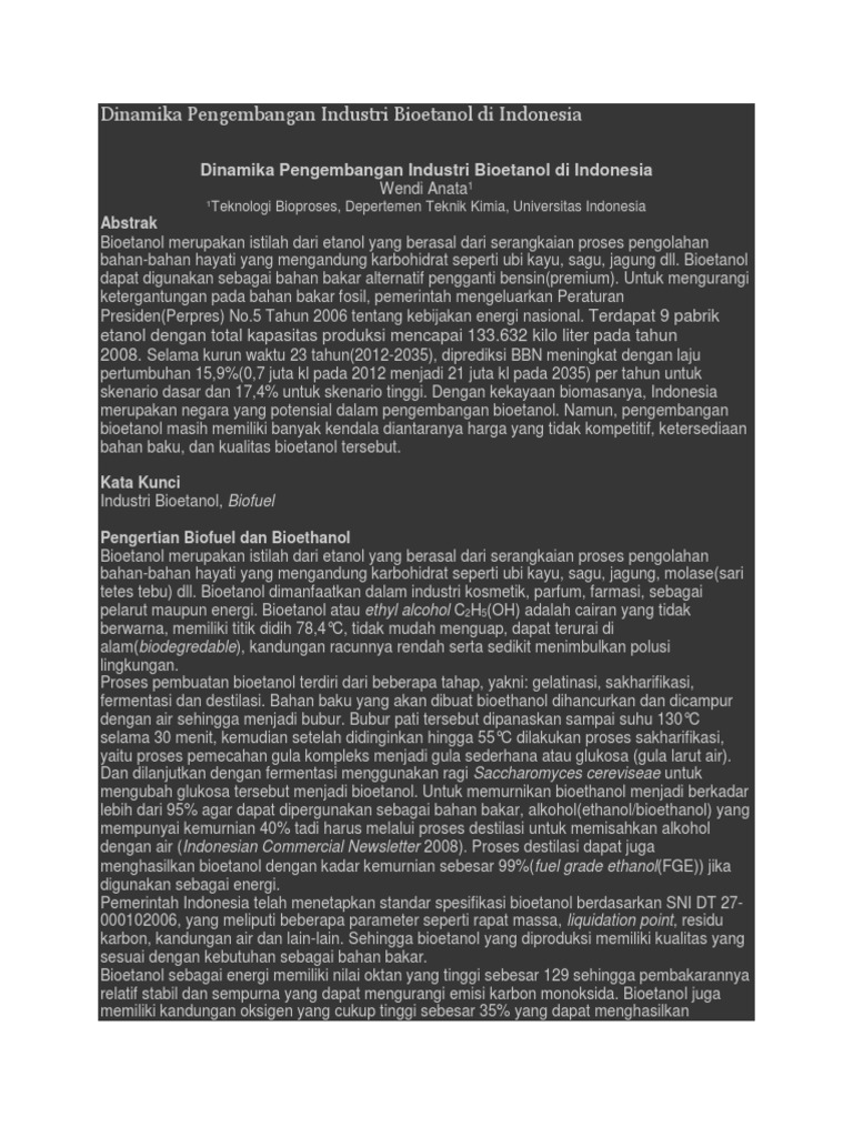 Dinamika Pengembangan Industri Bioetanol Di Indonesia | PDF