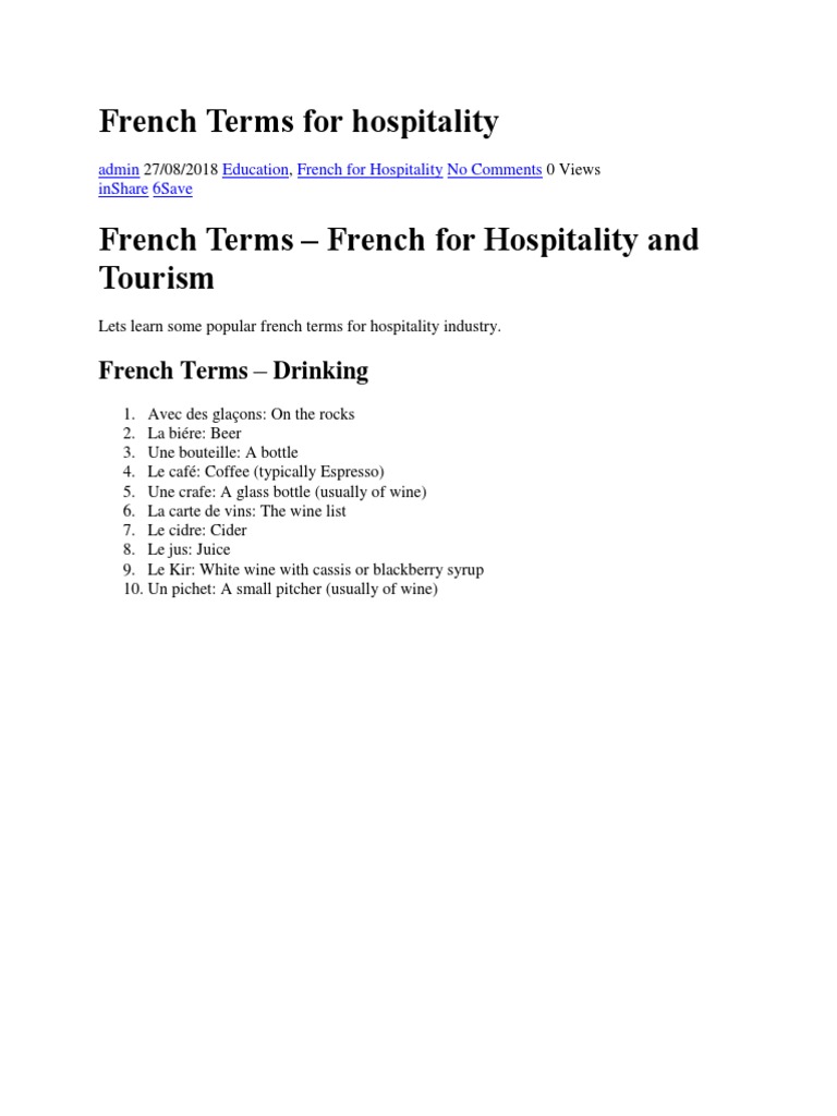 French Vocabulary for Hospitality | PDF | Cuisine | Food And Drink ...