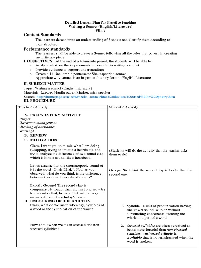 Sonnet Lesson Plan Pdf Sonnets Stanzaic Form