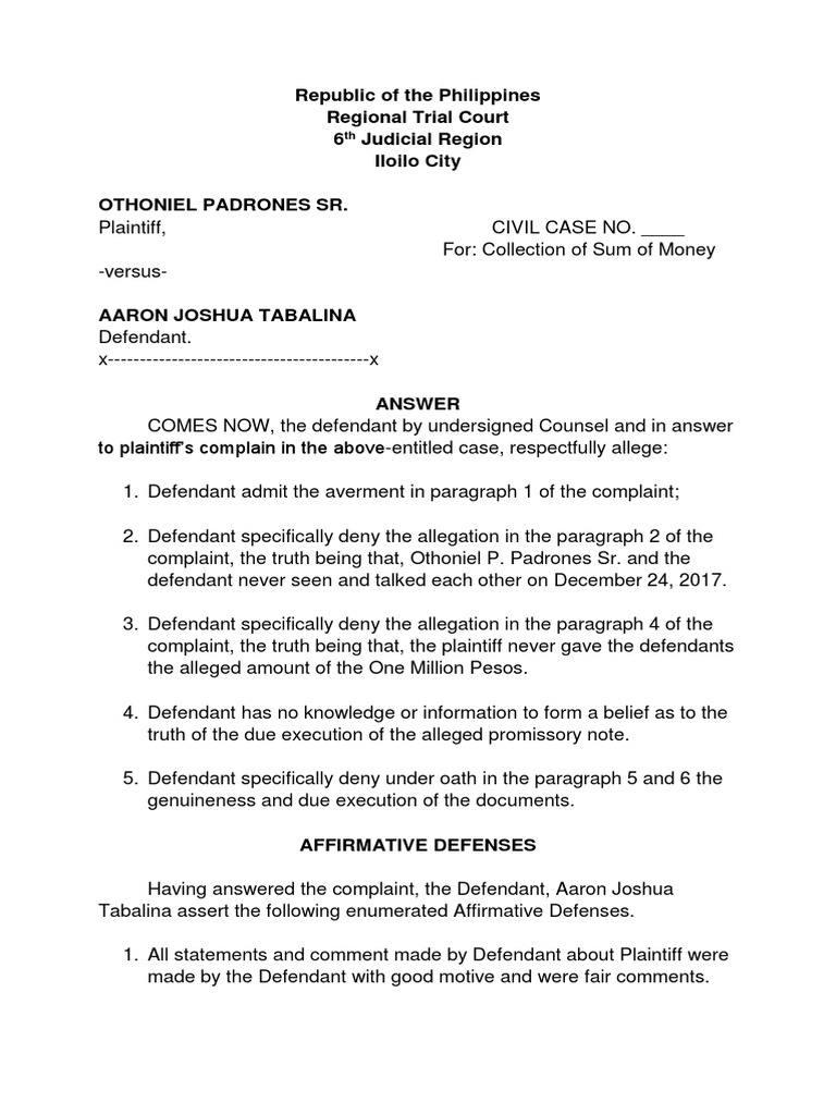 Answer Draft | PDF | Plaintiff | Affirmative Defense