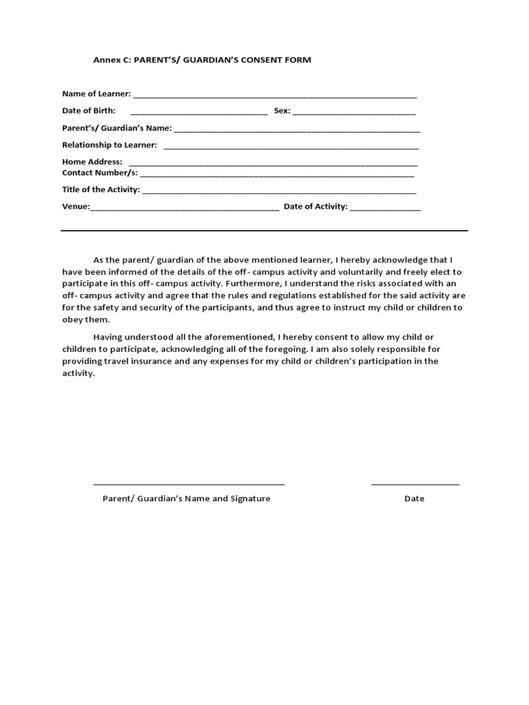 Annex C: Parent'S/ Guardian'S Consent Form | PDF