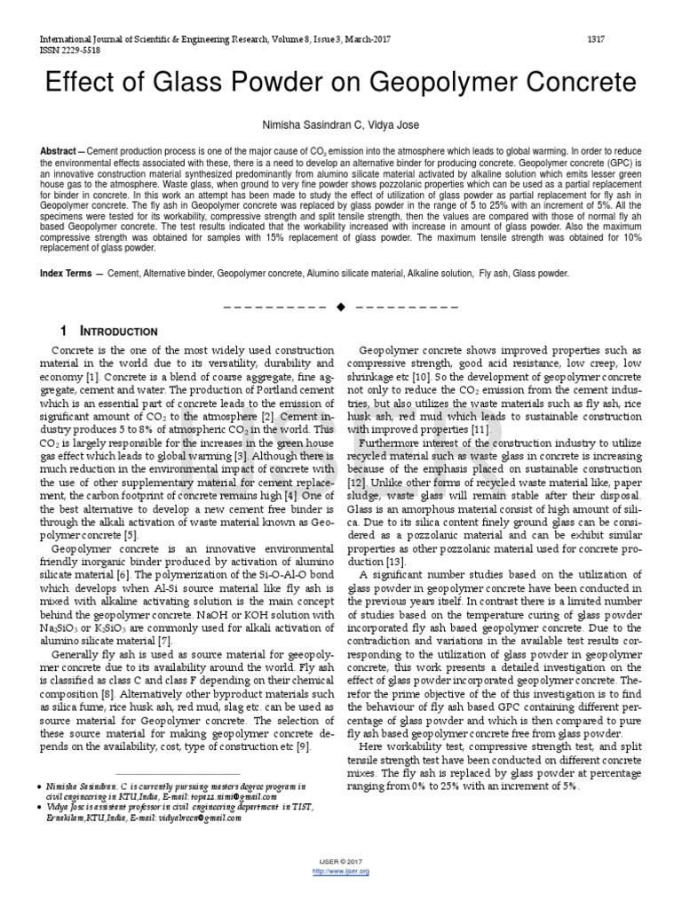 Effect of Glass Powder On Geopolymer Concrete | PDF | Fly Ash | Concrete