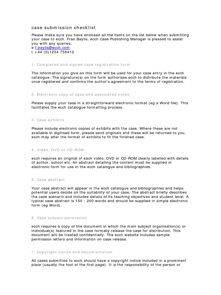 Case Submission Checklist: 1. Completed and Signed Case Registration ...