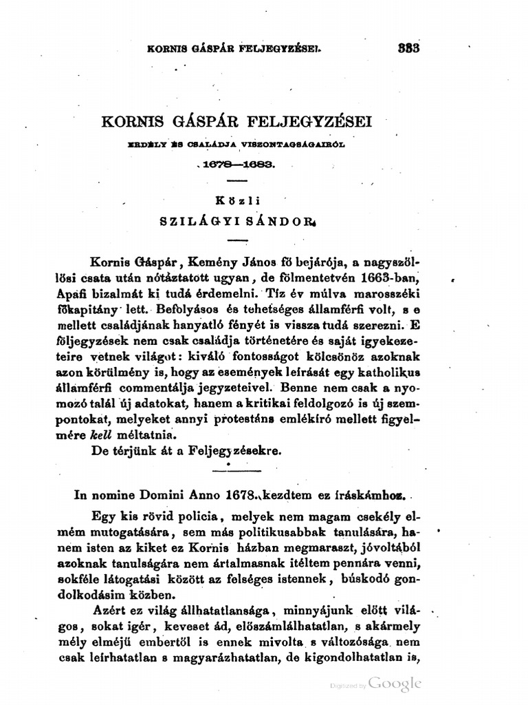 Szilágyi Sándor - Kornis Gáspár Feljegyzései 1678-1683 | PDF
