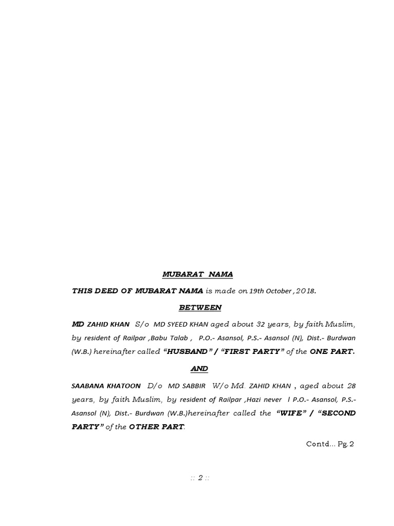THIS DEED OF MUBARAT NAMA Is Made On 19th October, 2018.: Contd Pg.2 | PDF | Marriage | Family