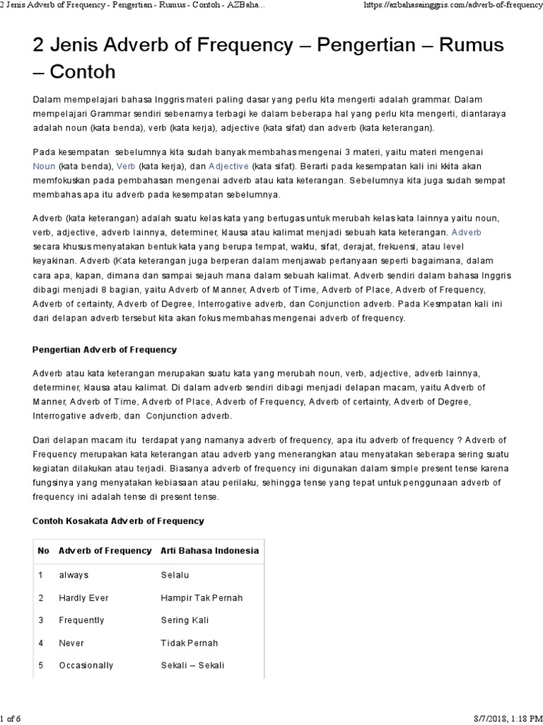 2 Jenis Adverb of Frequency - Pengertian - Rumus - Contoh | PDF