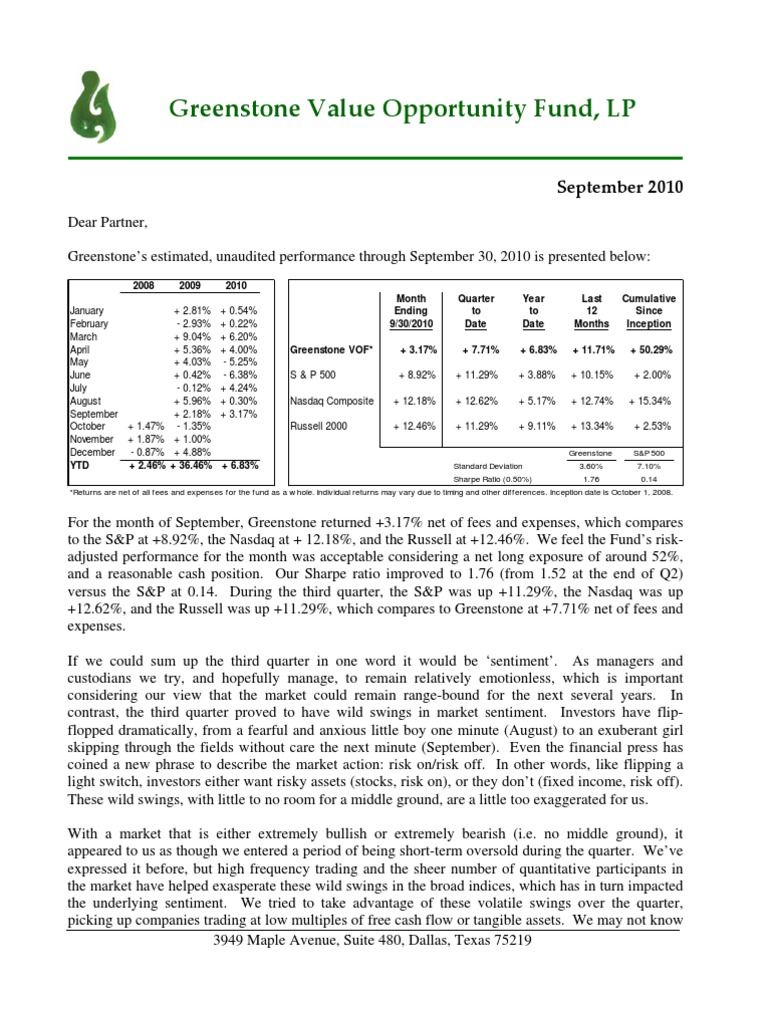Greenstone Fund Q3 2010 Performance Review | PDF | Stock Market Index | Vix
