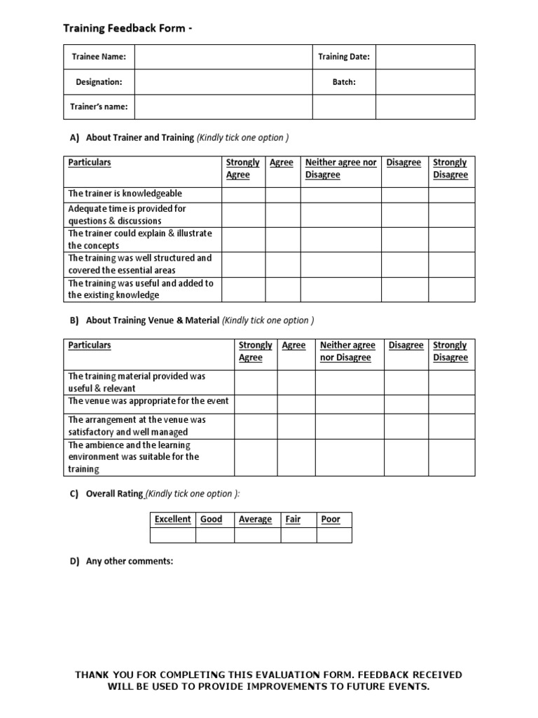 Training Feedback Form - : Trainee Name: Training Date: Designation ...