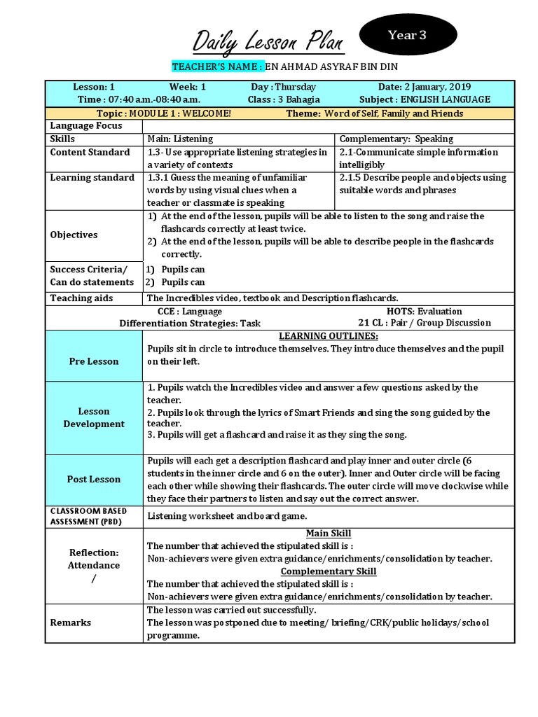 Daily Lesson Plan Year 3 Lesson Plan Teachers