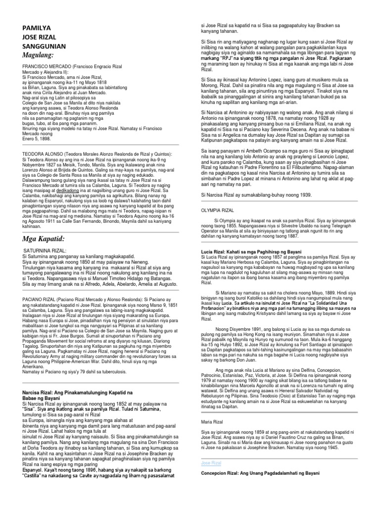 PAMILYA Ni Rizal Pag-Ibig at Edukasyon | PDF