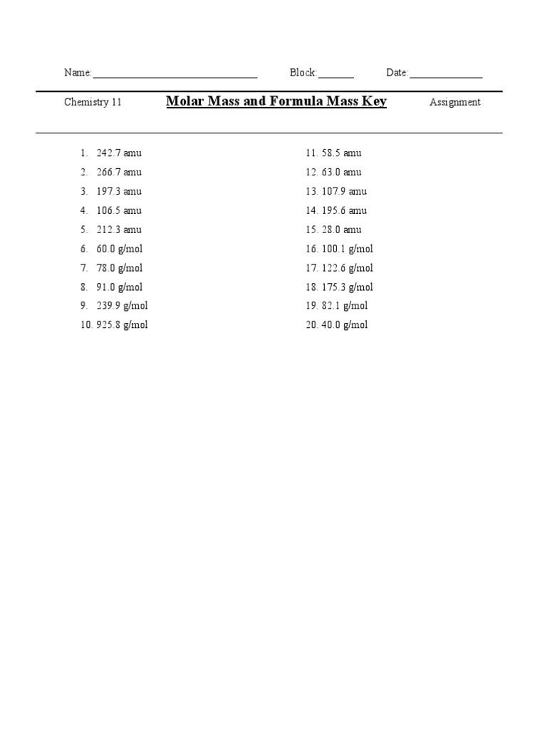 Molar Mass and Formula Mass Key | PDF | Atomic Mass Unit | Mole (Unit)