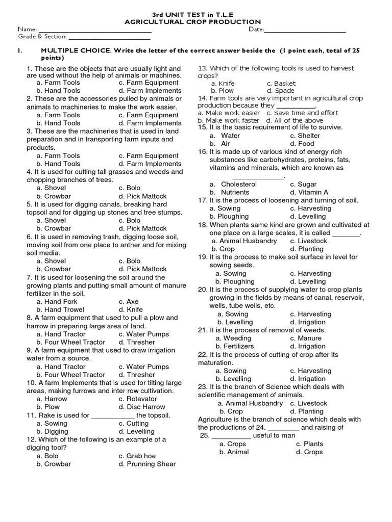 Crop Production Unit Test Worksheet | PDF | Agricultural Machinery | Plough