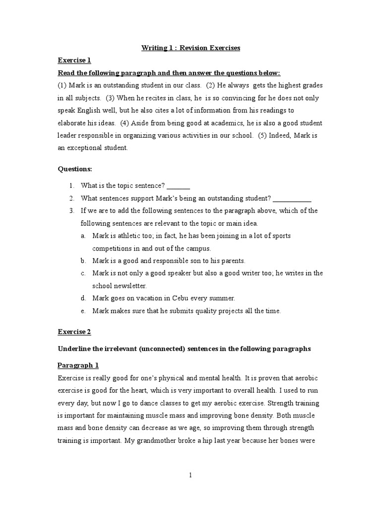 Writing 1: Revision Exercises Exercise 1 Read The Following Paragraph ...