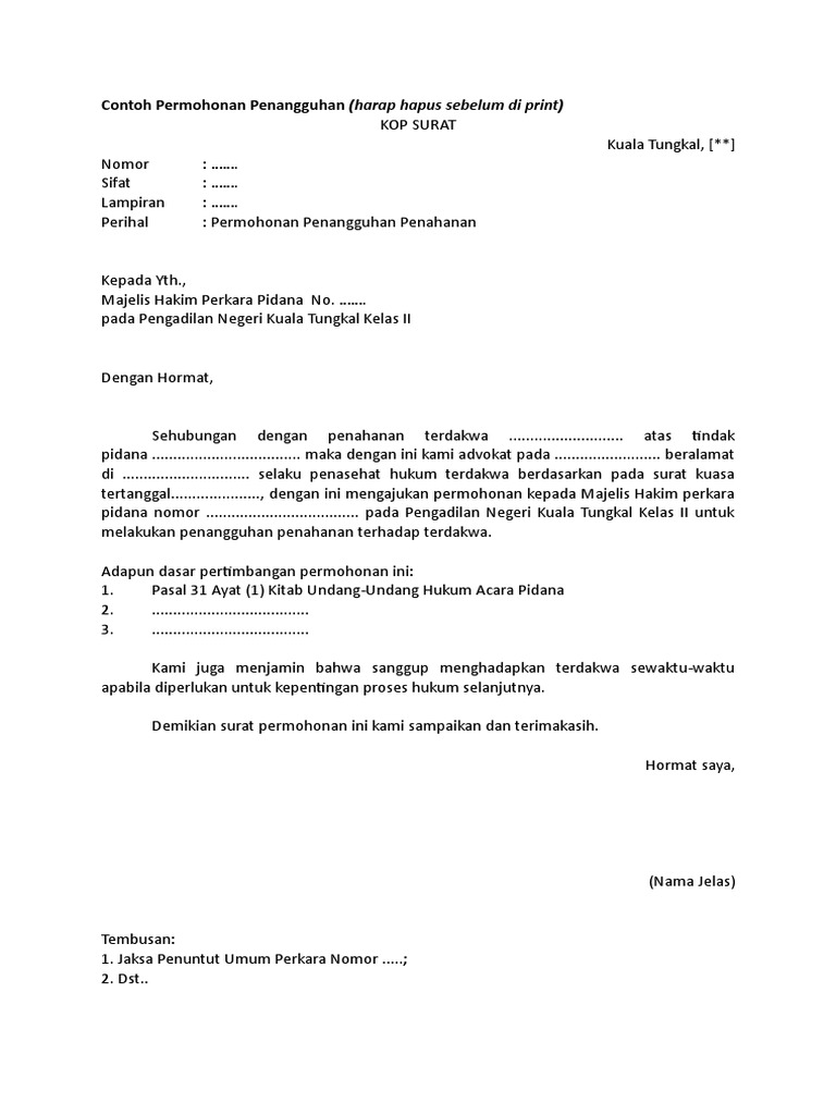 Contoh Permohonan Penangguhan Penahanan | PDF