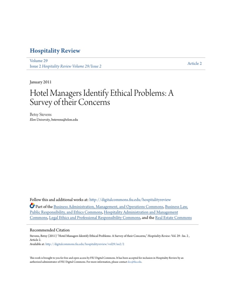 Hotel Managers Identify Ethical Problems - A Survey of Their Concerns ...