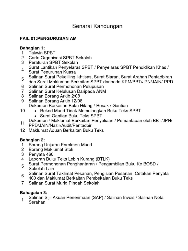 Senarai Kandungan SPBT Fail | PDF