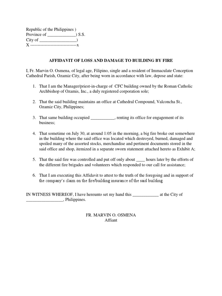 Affidavit of Loss and Damage To Building by Fire | PDF