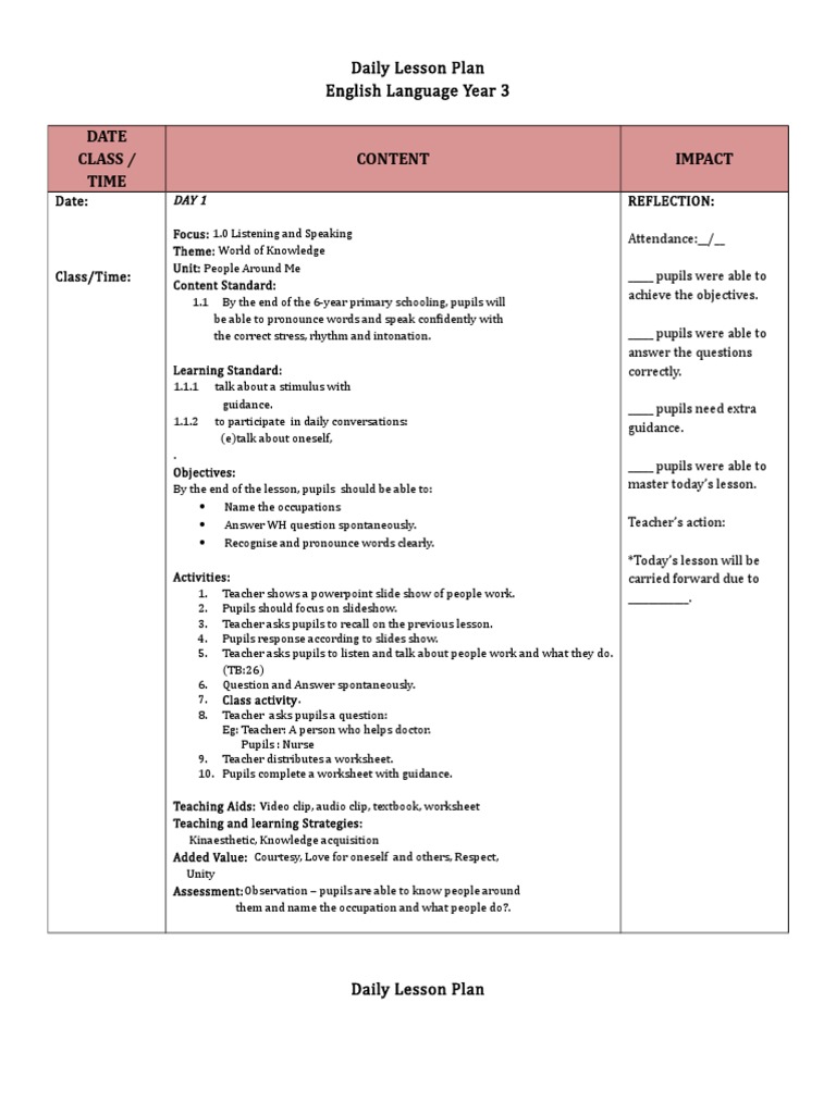 Date Class / Time Content Impact: Daily Lesson Plan English Language ...